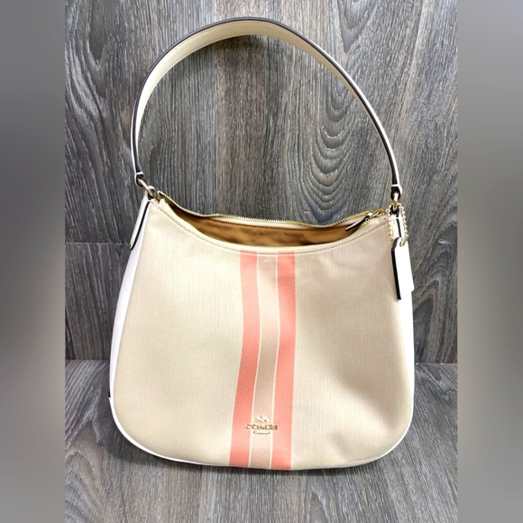 Coach | Bags | New Coach Designer Varsity Stripe Cream Khaki Pink Purse ...
